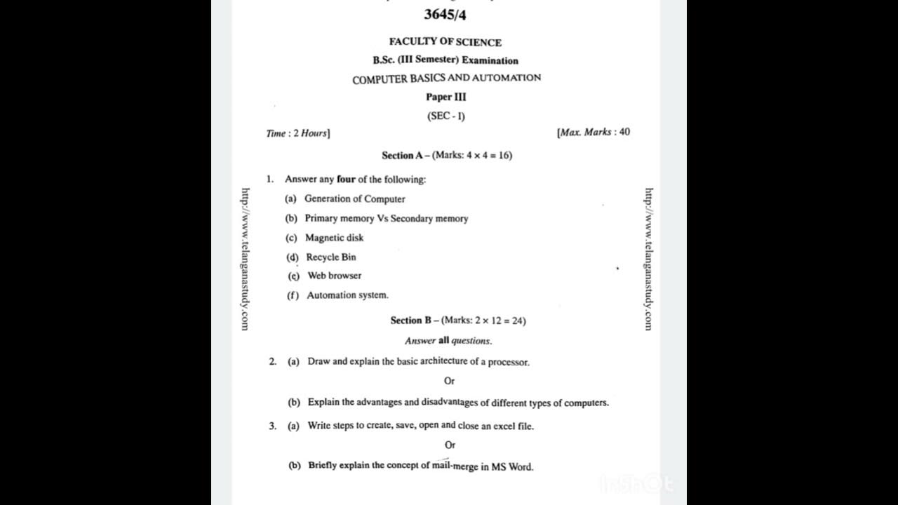 3rd sem Computer basics and automation question paper Kakatiya ...
