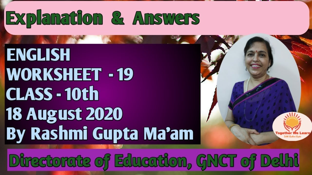 Class 10th | English| Worksheet-19 | Explanation & Answers| DOE,GNCT of ...