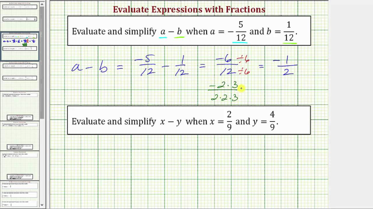Ex: Evaluate Expressions in the form A-B with Signed Fraction Values ...