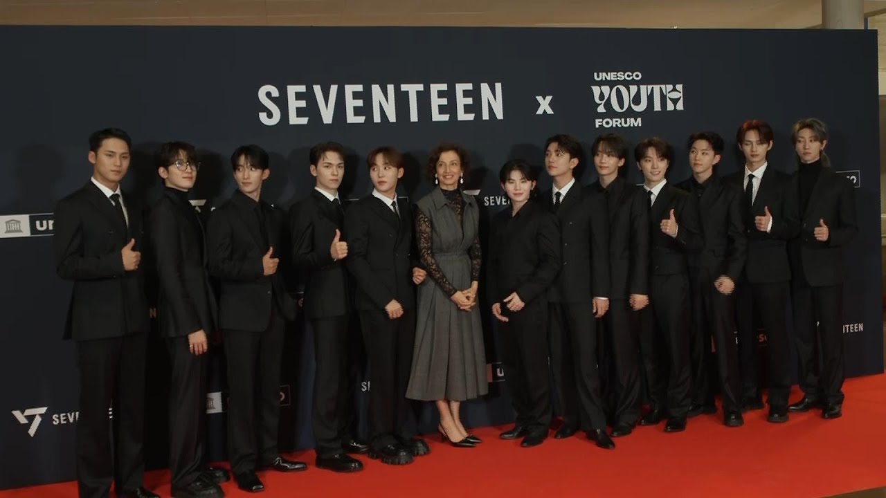 K-pop icons Seventeen pose for photos at UNESCO Headquarters in Paris ...