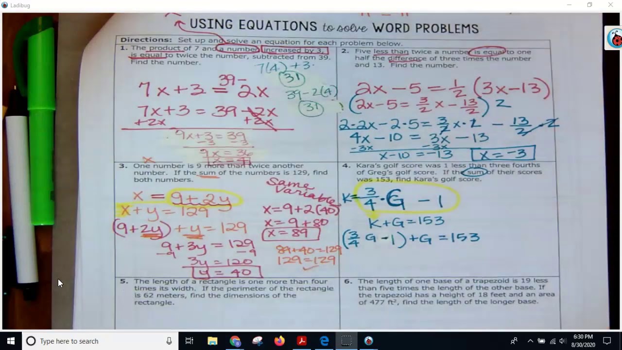 Alg 1 Solving Word Problems - YouTube