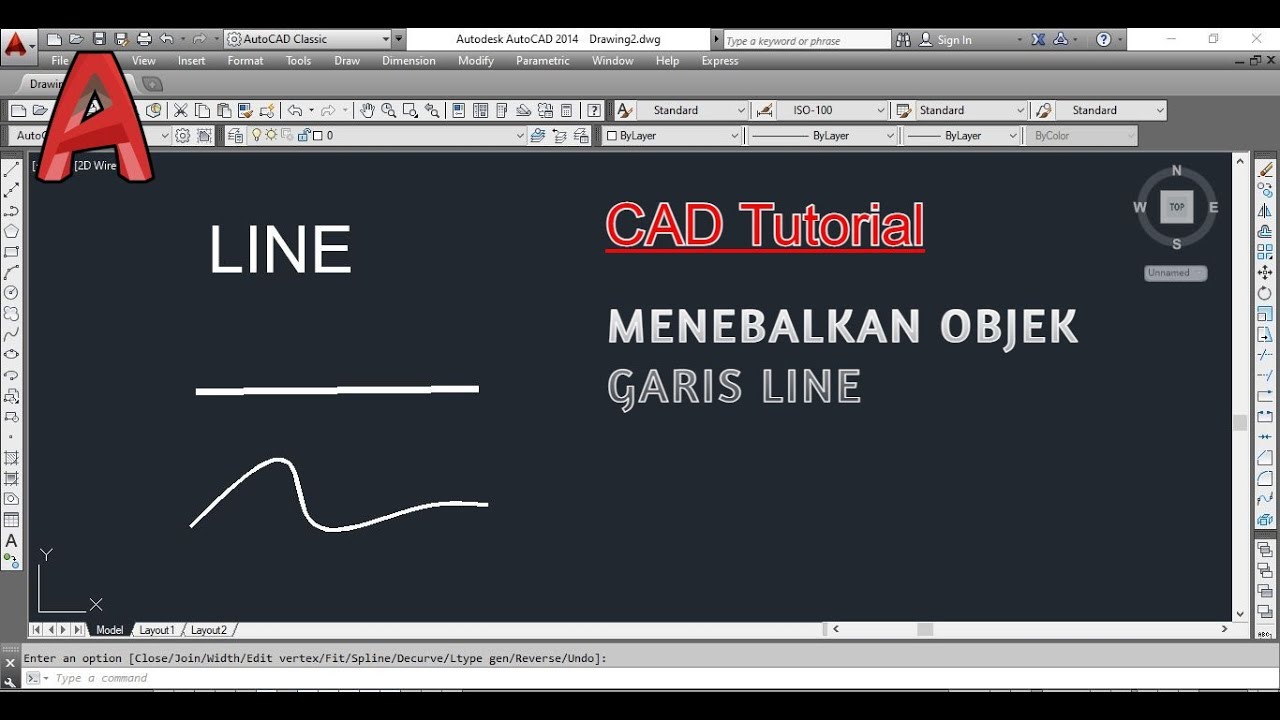 Tutorial autocad - Cara menebalkan garis Line - YouTube