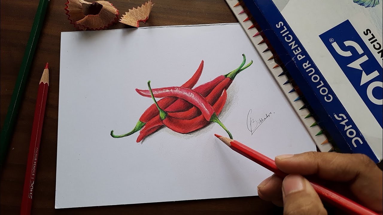 Drawing Red chilli using Doms Colored pencil STEP BY STEP | How to draw ...