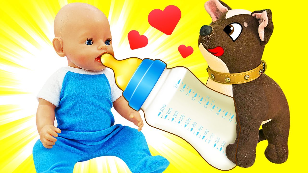 Baby Emily doll and her little friend clean the mess in the playroom ...