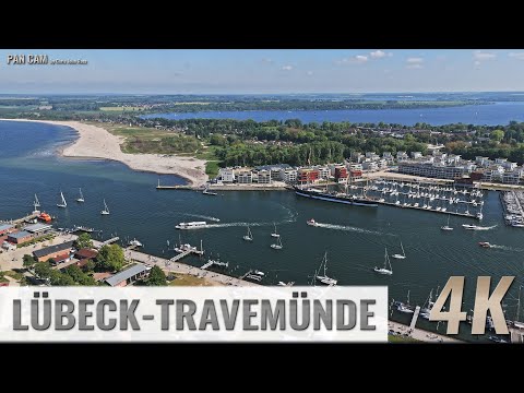 Lübeck-Travemünde: Strand, Ostsee, Boote, Hotels, Trave, Hafen - Aerial Pan - Luftpanorama - 0257