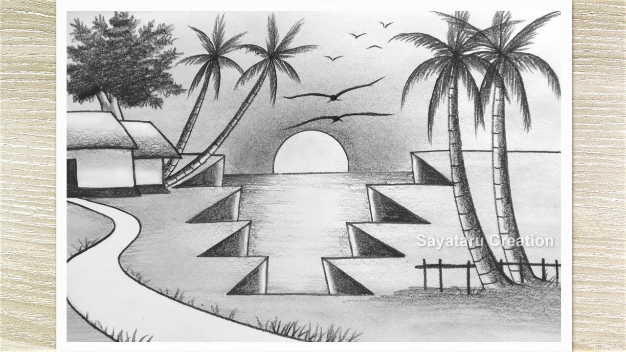 Sunset landscape drawing with pencil sketch, Pencil Drawing for ...