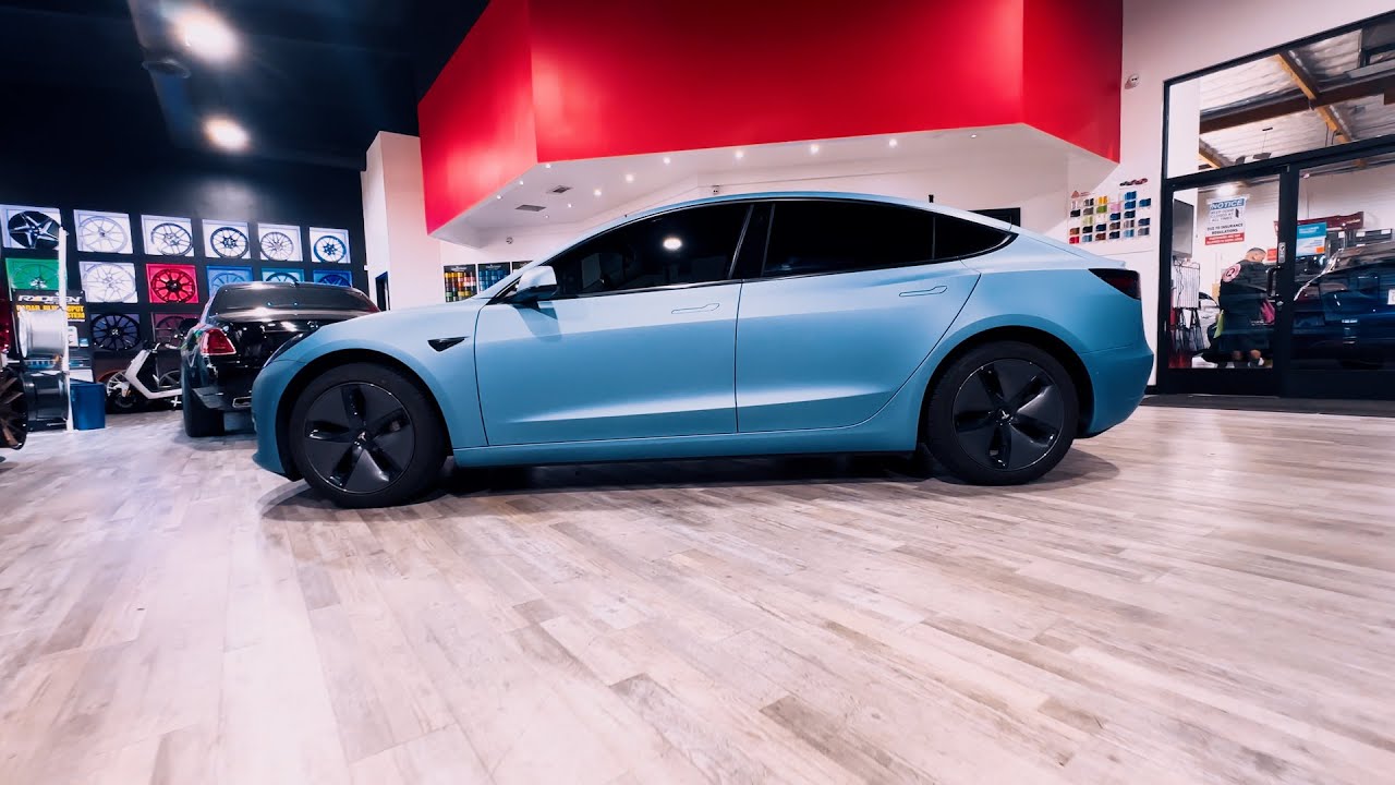Tesla Model 3 Wrapped in matte metallic frosty blue - YouTube