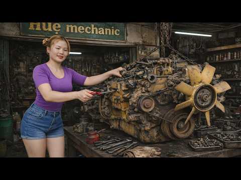 The genius girl successfully repaired and restarted a wheel loader engine.