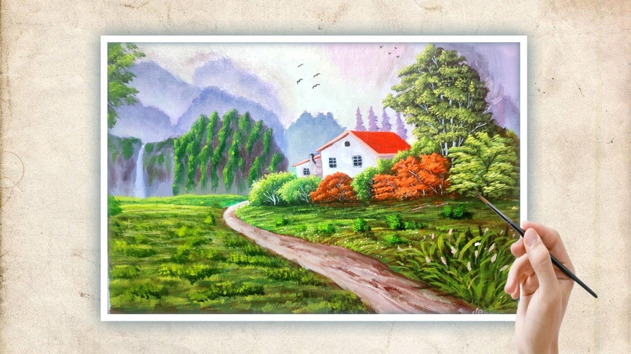 A Simple House Painting / Acrylic on Canvas / Easy Landscape Painting ...