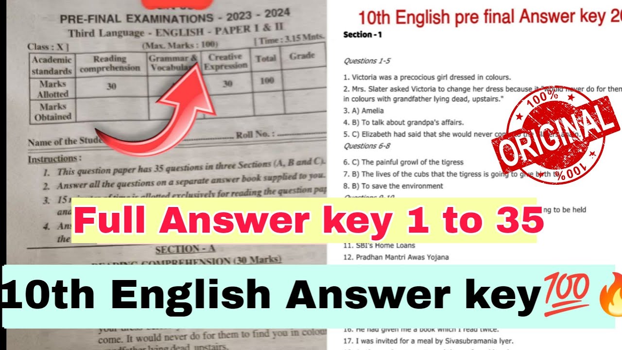 💯10th english pre final answer key 2024|ap 10th class english pre final ...
