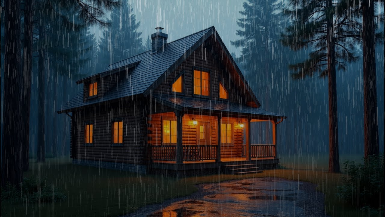 Cozy Cabin Rain Ambience at Midnight🌧️🌲Relaxing Thunderstorm & Forest ...