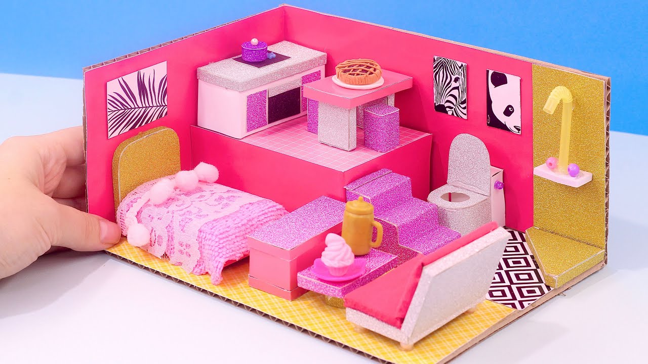 DIY Miniature Cardboard House #10 PINK & YELLOW - YouTube