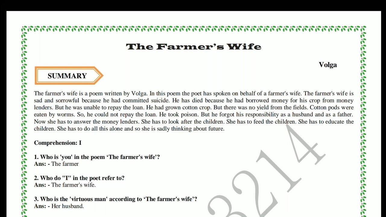 The Farmer's Wife notes 1st PU English/1st PUC 9th lesson English Notes ...