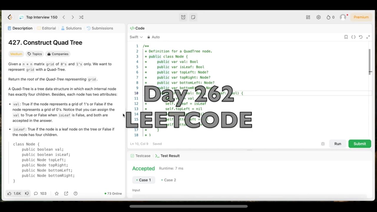 Day 262: LeetCode Problem 427. Construct Quad Tree - Swift - YouTube