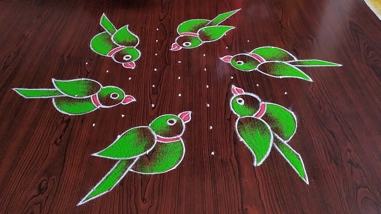 Ugadi special parrots rangoli (9×5) dots... - YouTube