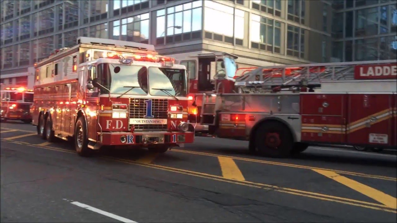 FDNY RESCUE 1 RESPONDING FROM A 10-77 HIGH RISE FIRE TO ANOTHER CALL IN ...