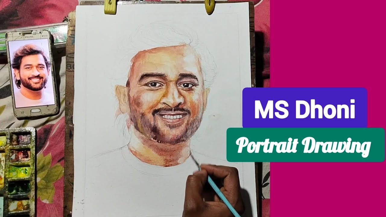 MS Dhoni Portrait Drawing, water Colour Portrait painting - YouTube