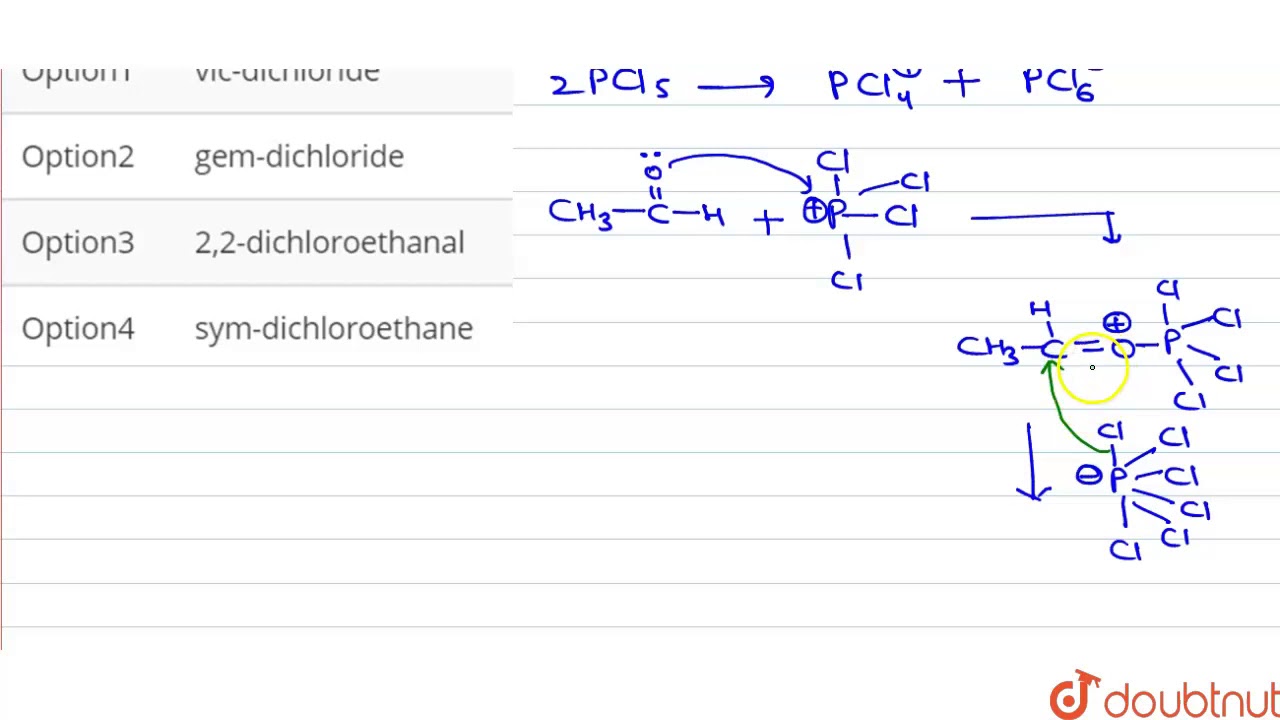 When ethanal reacts with `PCl_(5)`, then product formed is - YouTube