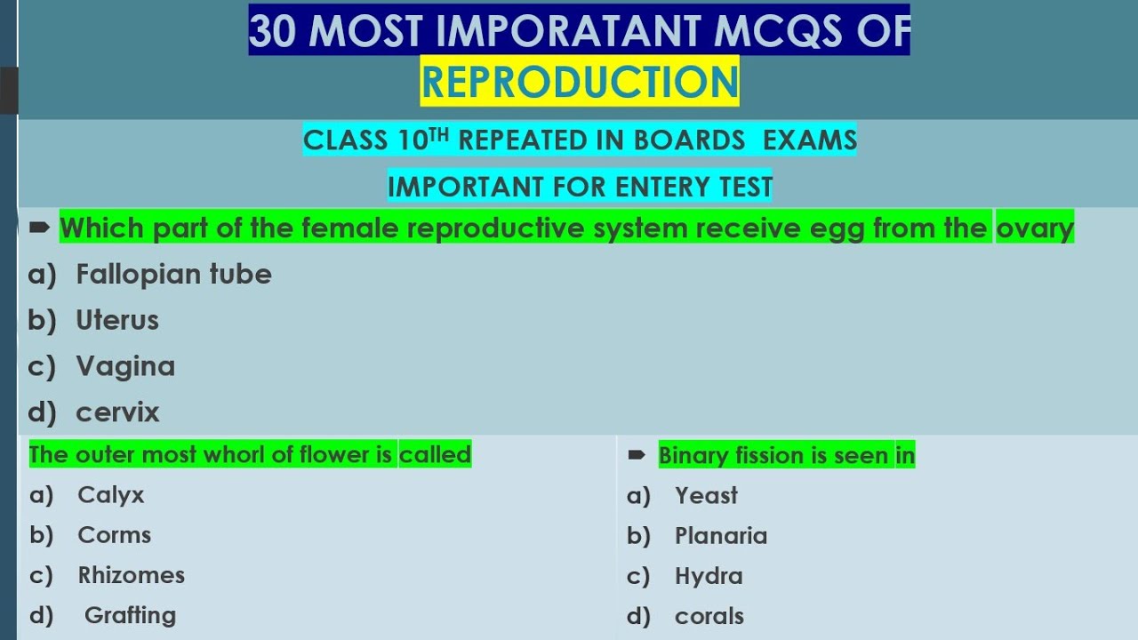important mcqs of reproduction class 10 | BIOLOGY mcqs chapter 14 clas ...