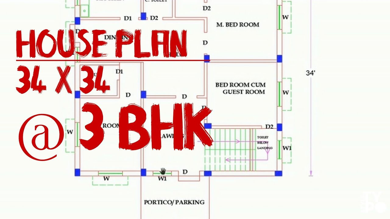 House Plan - 27 ( 34 Feet x 34 Feet @ 3 BHK House ) with Pooja room ...