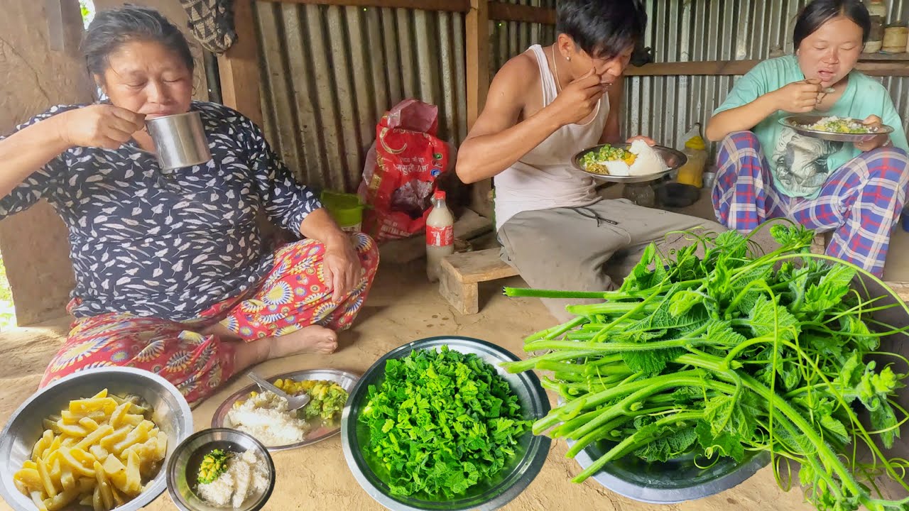 Laxmi cooking pumpkin shoots & potato || surya , mother & laxmi in ...