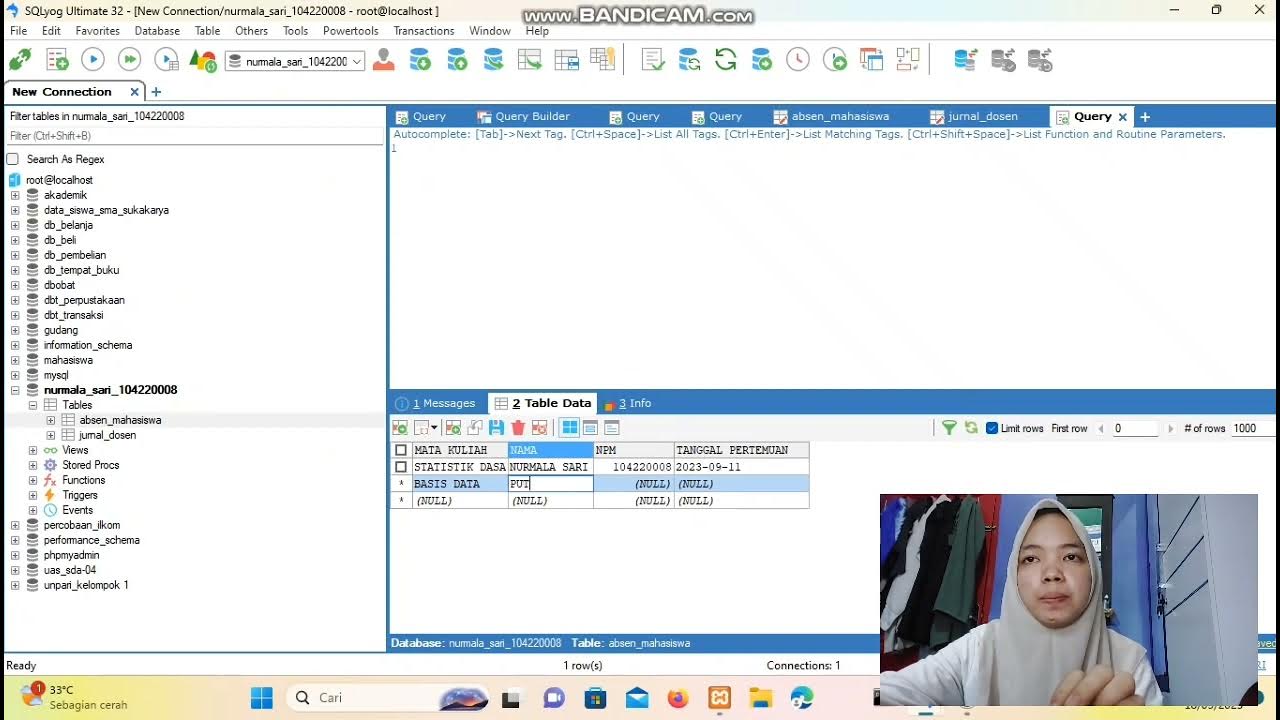 Tutorial cara membuat jurnal dosen dan absen mahasiswa di SQL yog - YouTube