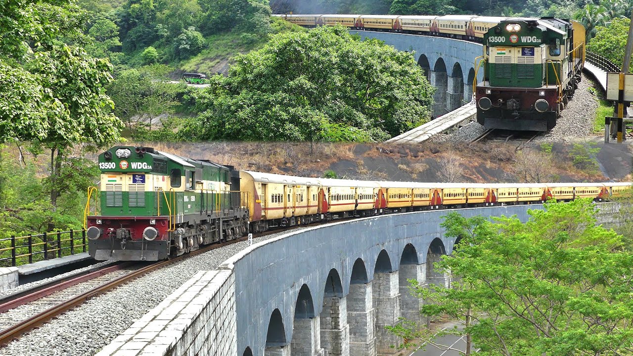 TRAINS on the MAGNIFICENT 13 ARCH BRIDGE | KOLLAM - SENGOTTAI | Indian ...
