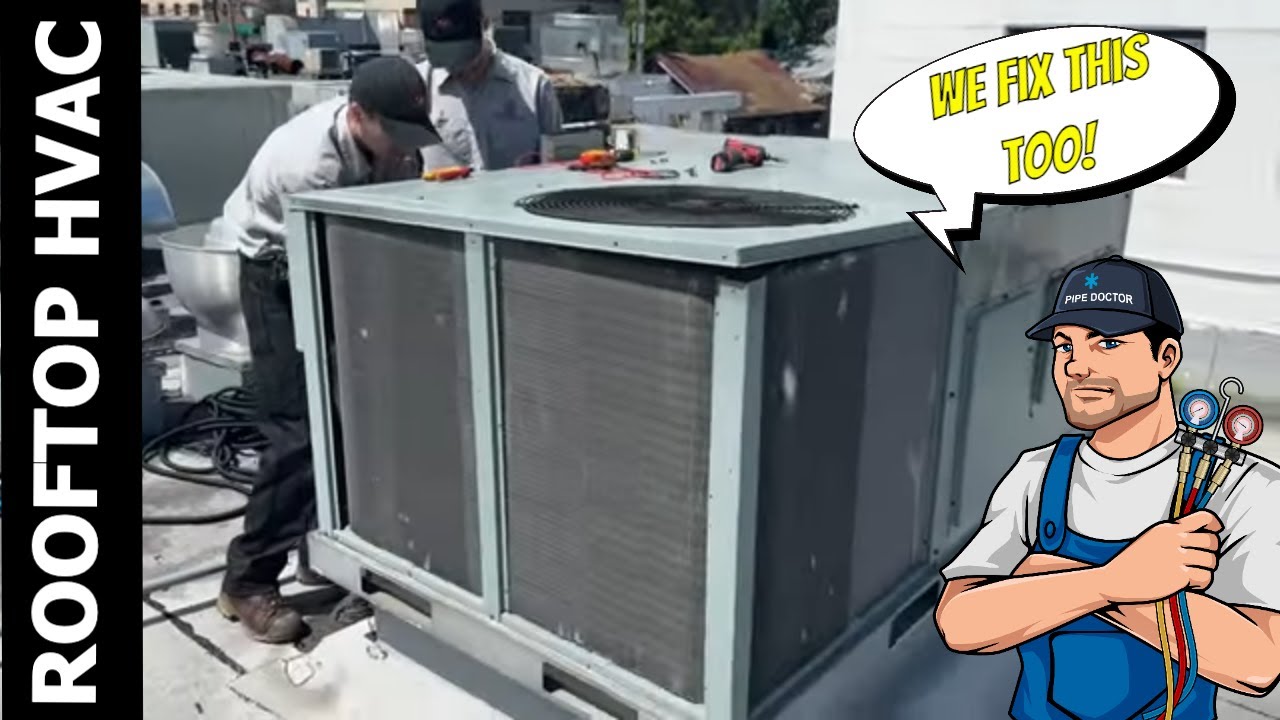Commercial Rooftop HVAC Summer A/C Maintenance on Rheem Packaged RTU ...