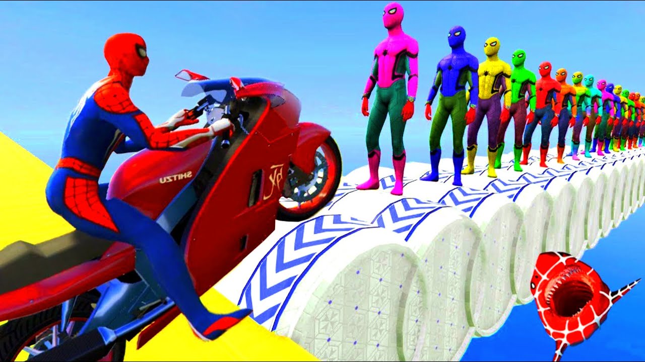 SPIDER-MAN on Motorcycle in Spiral Bridge Stunt Ride! - YouTube
