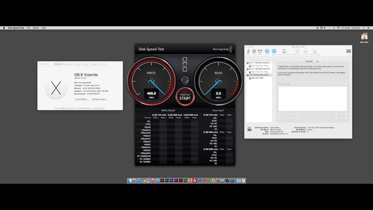 Mac Mini Raid 0 Dual Samsung 850 Pro - Blackmagic Disk Speed Test - YouTube