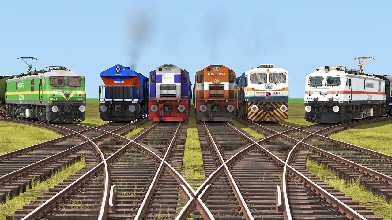 6 TRAINS CROSSING ON BUMPY FORKED RAILROAD CROSSING | Train Simulator ...
