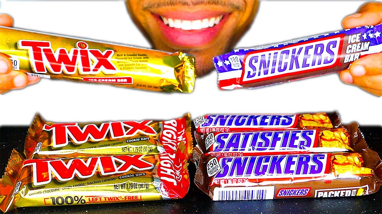 TWIX VS SNICKERS CANDY BAR BATTLE EATING MOUTH SOUNDS CHOCOLATE ICE ...
