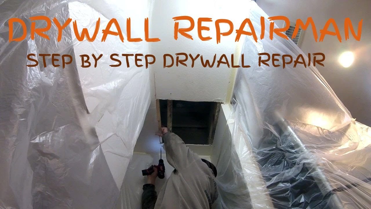Step by step drywall repair 2x2 sheetrock patching process texture - How to patch hole in ...
