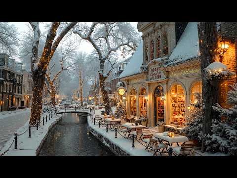 Smooth Jazz Playlist ❄️Snowy Canal Bookstore & Café in a Cozy European Old Town | Warm Evening Vibes