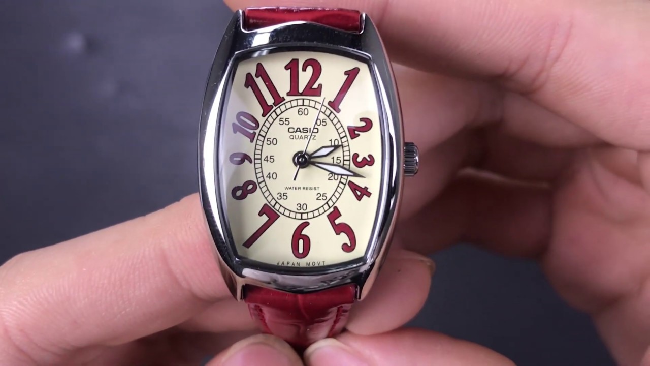 Review LTP-1208 Casio Red Women Watch Leather Band Analog - YouTube