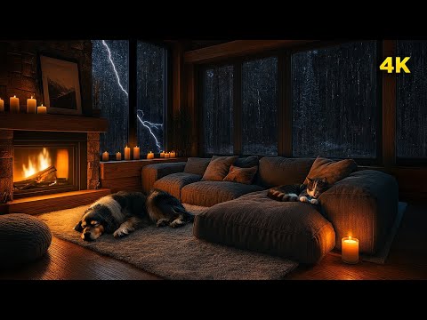 Şömine Başında Yağmurlu 🌧️ Gece Uyuyan Evcil Hayvanlarla Rahat Oturma Odası