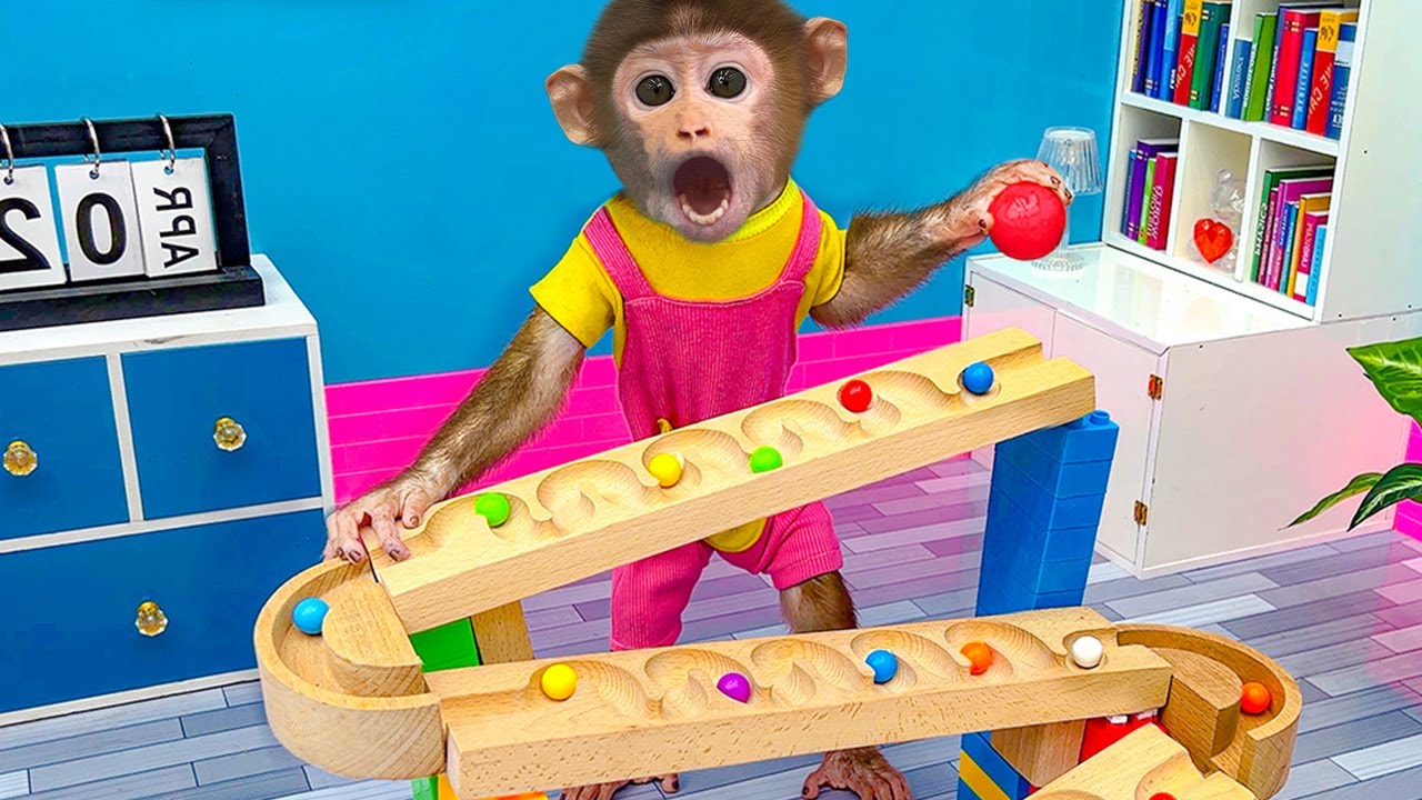 Monkey Baby NuNu playing Marble Run Race and Lego Building Blocks and ...