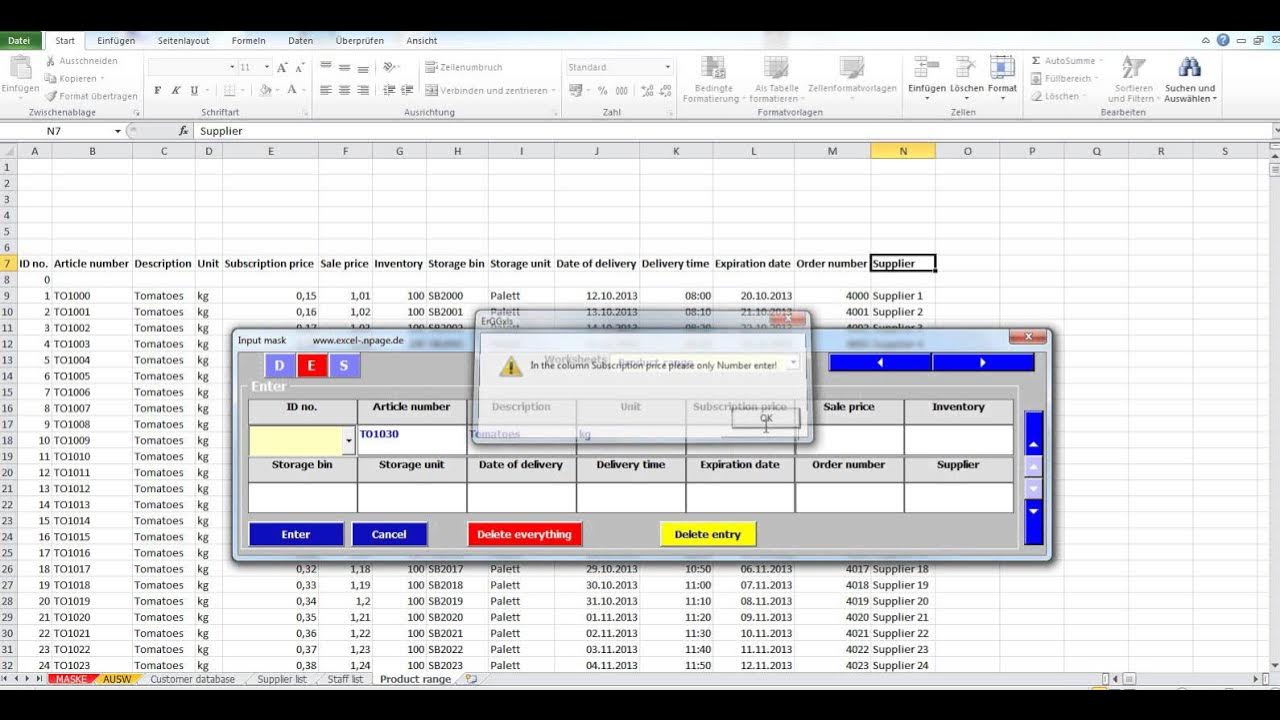 Create databases in Excel from a flexible input mask with assignment of data types. Product ...