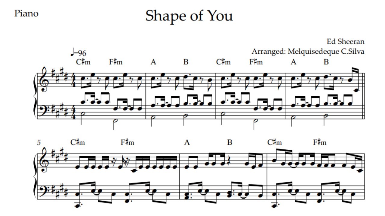 Ed Sheeran - Shape of You - Arranged for solo piano, with music sheet ...