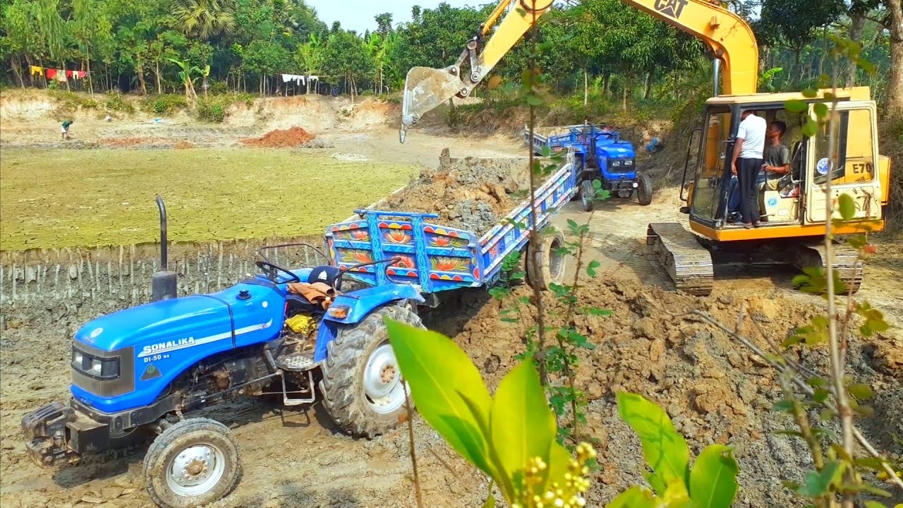 Excavator soil load from the ponds into tractors and unload over Rough ...