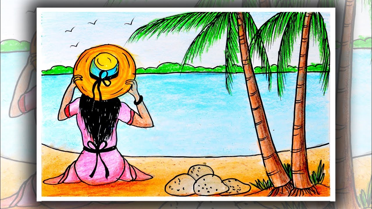 How to draw sea beach scenery Step by Step | How to draw a girl alone ...