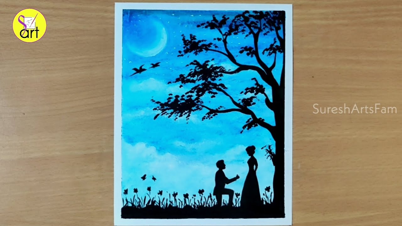 How to draw Scenery of moonlight | Valentine's day drawing | Romantic ...