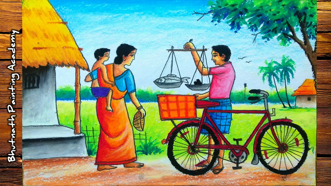 fish seller drawing with village landscape - YouTube