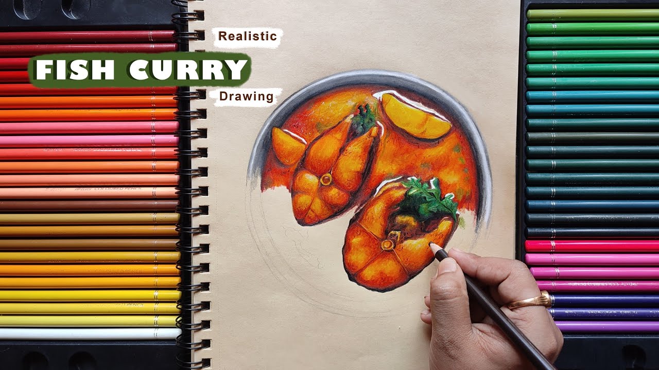 Fish curry🐟🍲 Realistic color pencil drawing II Realistic food🍛 drawing ...