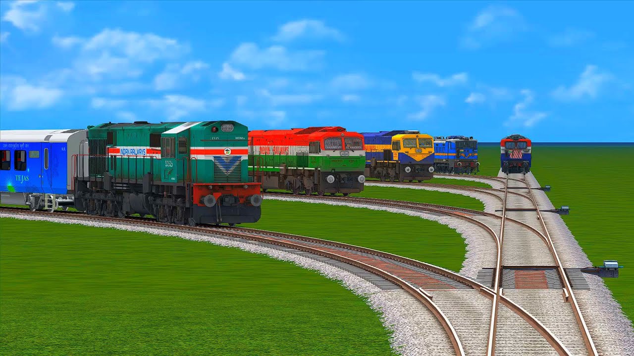 5 Colorful Fast Trains Risky Crossing On Sharp Bend Railroad Track ...