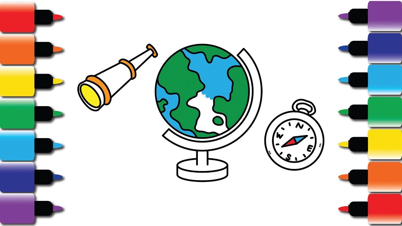 How to draw Globe, Telescope, Compass | Drawing and Colouring video for ...