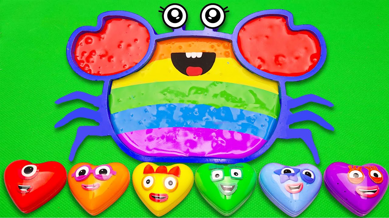 How to make Rainbow Crab Bathtub by Mixing SLIME into Heart Shapes ...