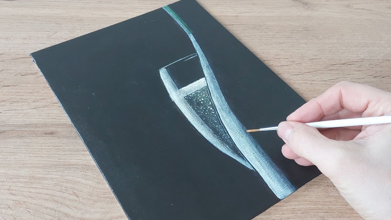 How to draw a Champagne with a Glass / Acrylic Painting on Black Canvas ...