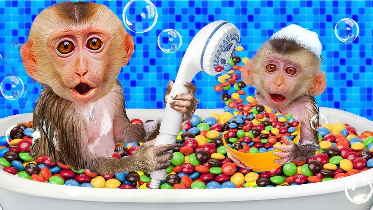 Monkey BoBo Take a Bath with Cute Monkey in Magic Bathtub Full of M&M ...