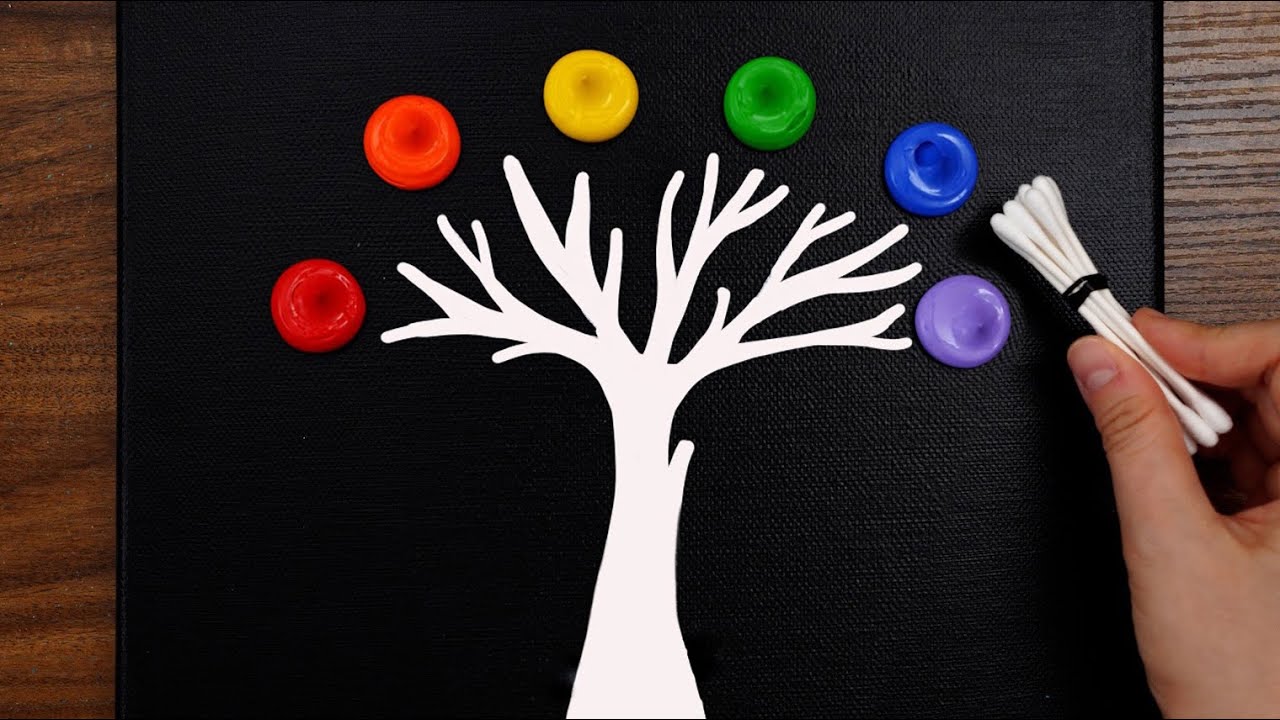 Huge Rainbow Tree Painting Using Sponge, Cotton Swab｜Step By Step ...
